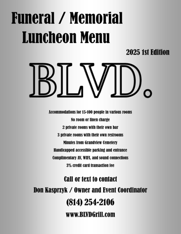 The Boulevard Grill Menus | Lunch Dinner Cocktails Beverages Banquet