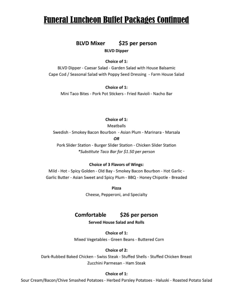 The Boulevard Grill Menus | Lunch Dinner Cocktails Beverages Banquet