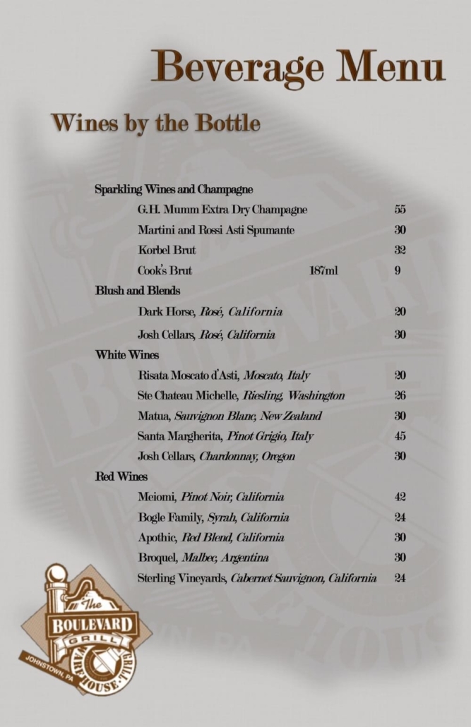 The Boulevard Grill Menus | Lunch Dinner Cocktails Beverages Banquet