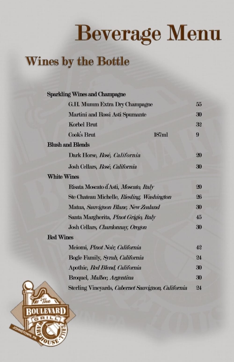 The Boulevard Grill Menus | Lunch Dinner Cocktails Beverages Banquet