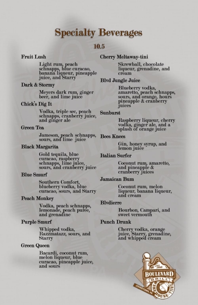 The Boulevard Grill Menus | Lunch Dinner Cocktails Beverages Banquet