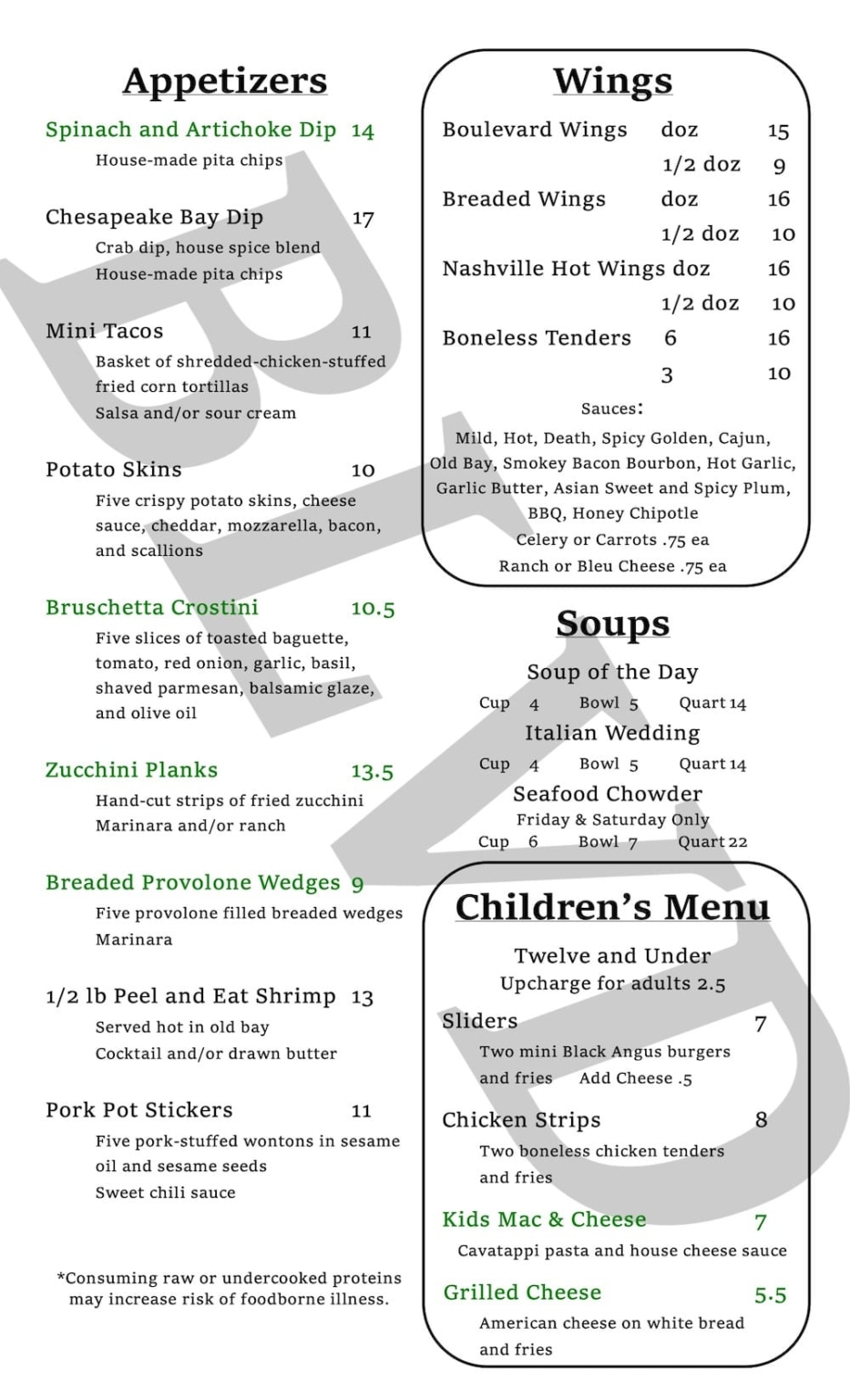 The Boulevard Grill Menus | Lunch Dinner Cocktails Beverages Banquet