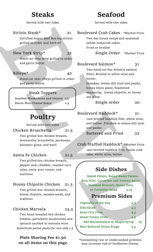 The Boulevard Grill Menus | Lunch Dinner Cocktails Beverages Banquet