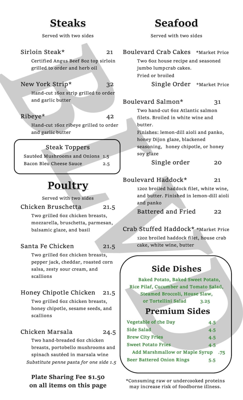 The Boulevard Grill Menus | Lunch Dinner Cocktails Beverages Banquet