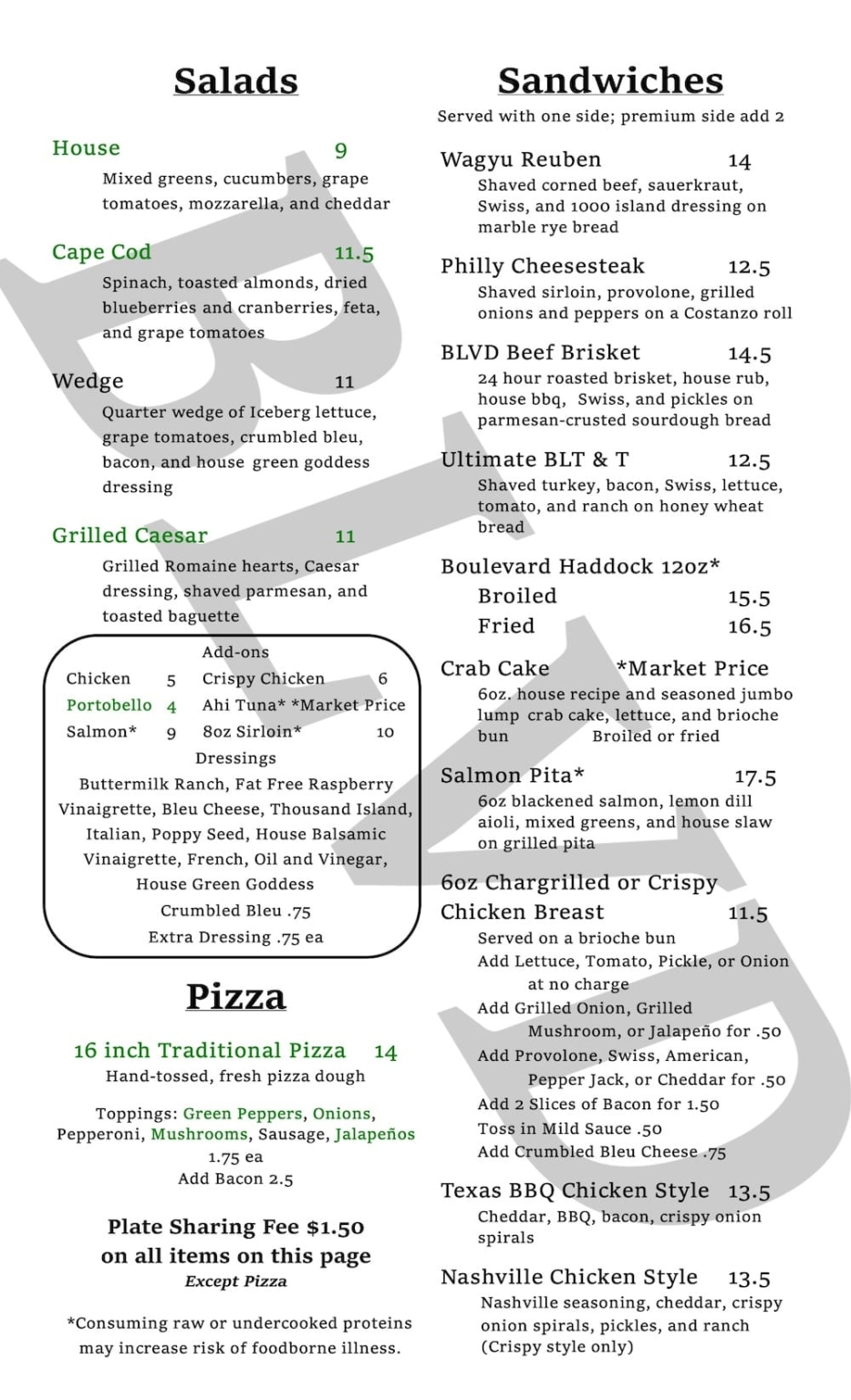 The Boulevard Grill Menus | Lunch Dinner Cocktails Beverages Banquet