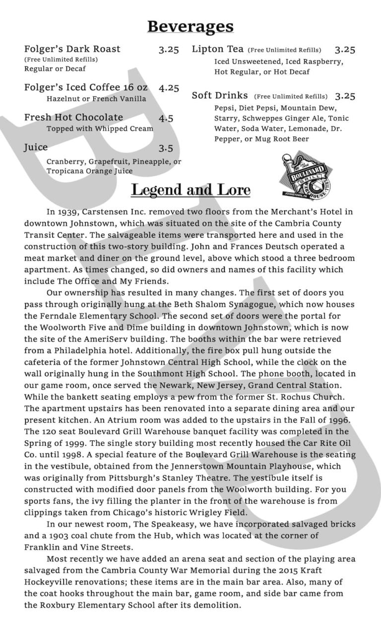 The Boulevard Grill Menus | Lunch Dinner Cocktails Beverages Banquet