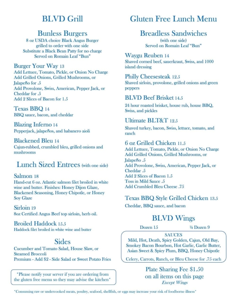 The Boulevard Grill Menus | Lunch Dinner Cocktails Beverages Banquet