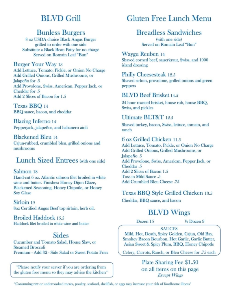 The Boulevard Grill Menus | Lunch Dinner Cocktails Beverages Banquet