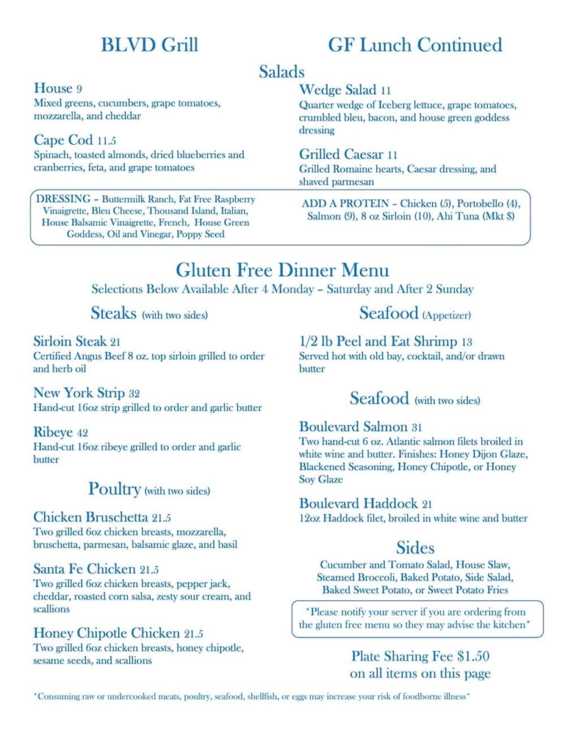 The Boulevard Grill Menus | Lunch Dinner Cocktails Beverages Banquet