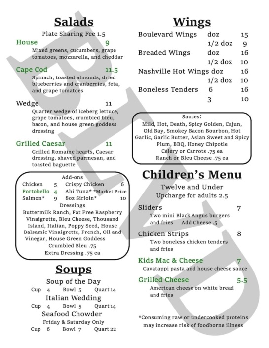 The Boulevard Grill Menus | Lunch Dinner Cocktails Beverages Banquet