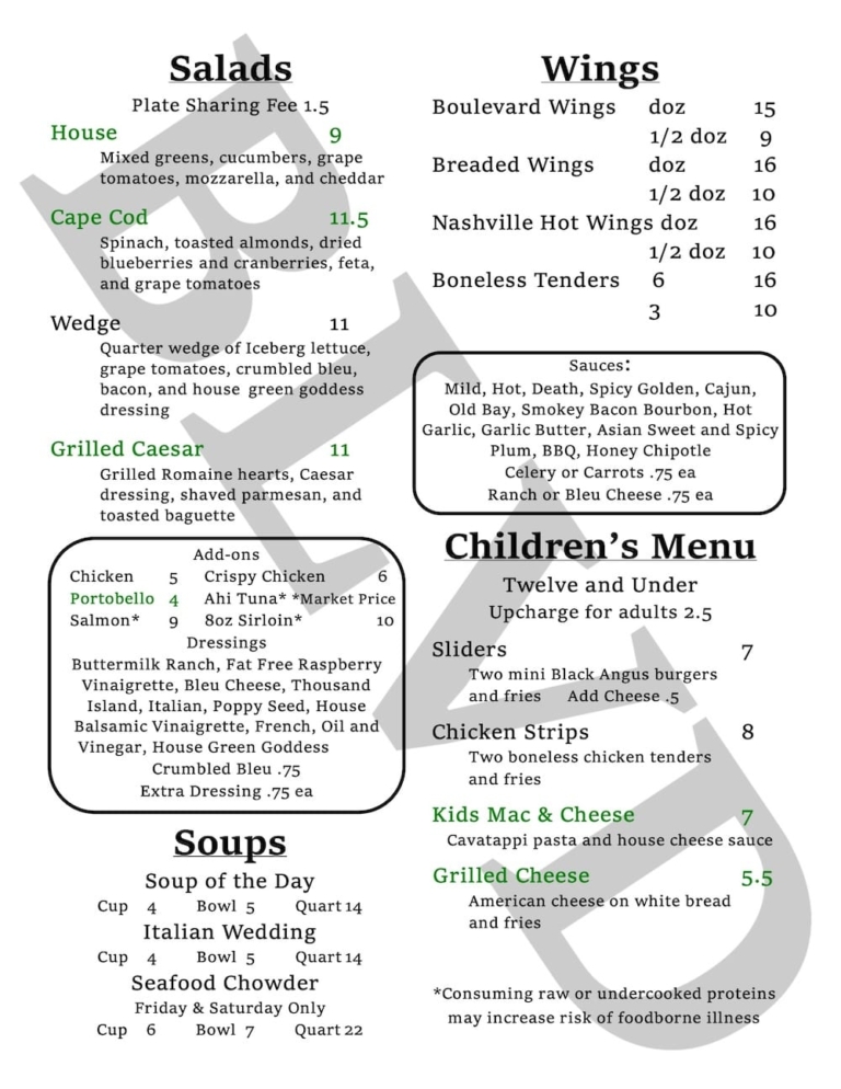 The Boulevard Grill Menus | Lunch Dinner Cocktails Beverages Banquet