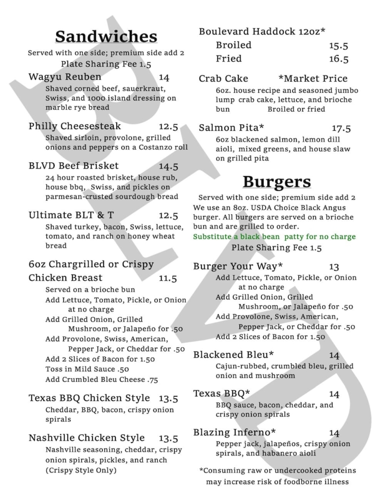 The Boulevard Grill Menus | Lunch Dinner Cocktails Beverages Banquet