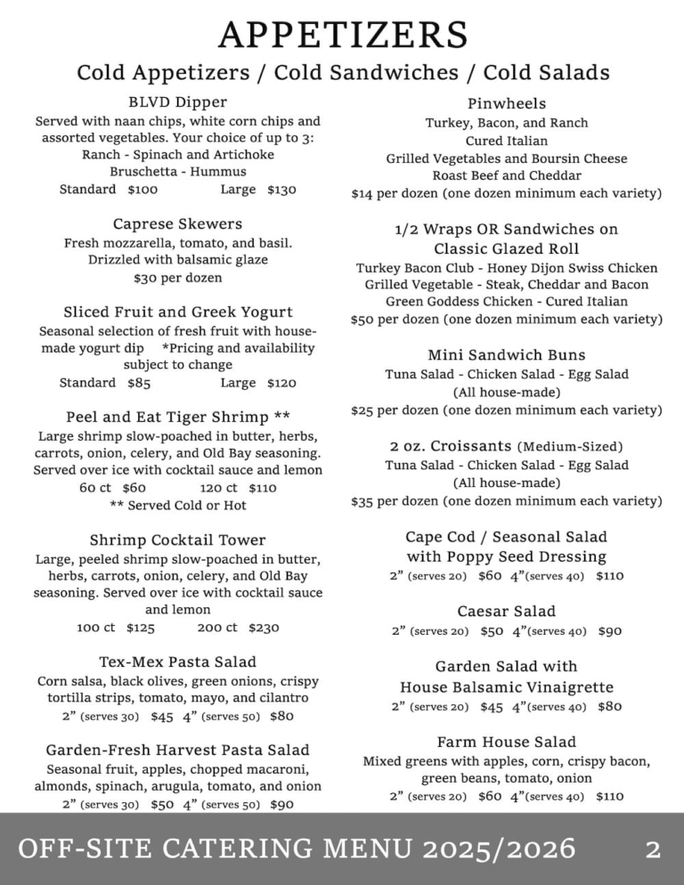 The Boulevard Grill Menus | Lunch Dinner Cocktails Beverages Banquet