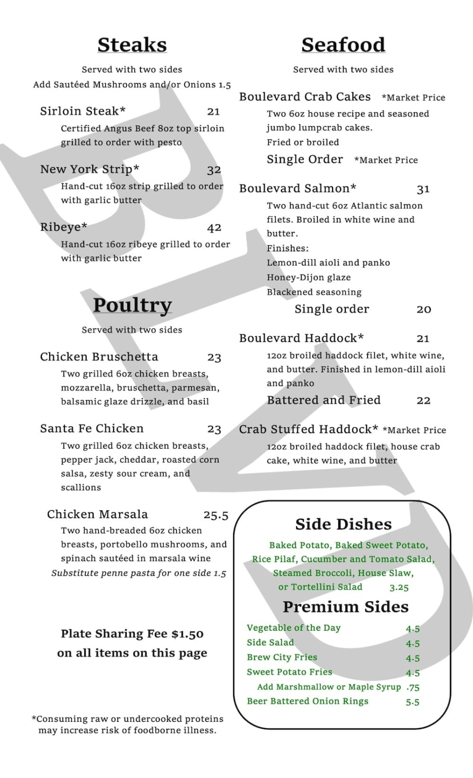 The Boulevard Grill Menus | Lunch Dinner Cocktails Beverages Banquet