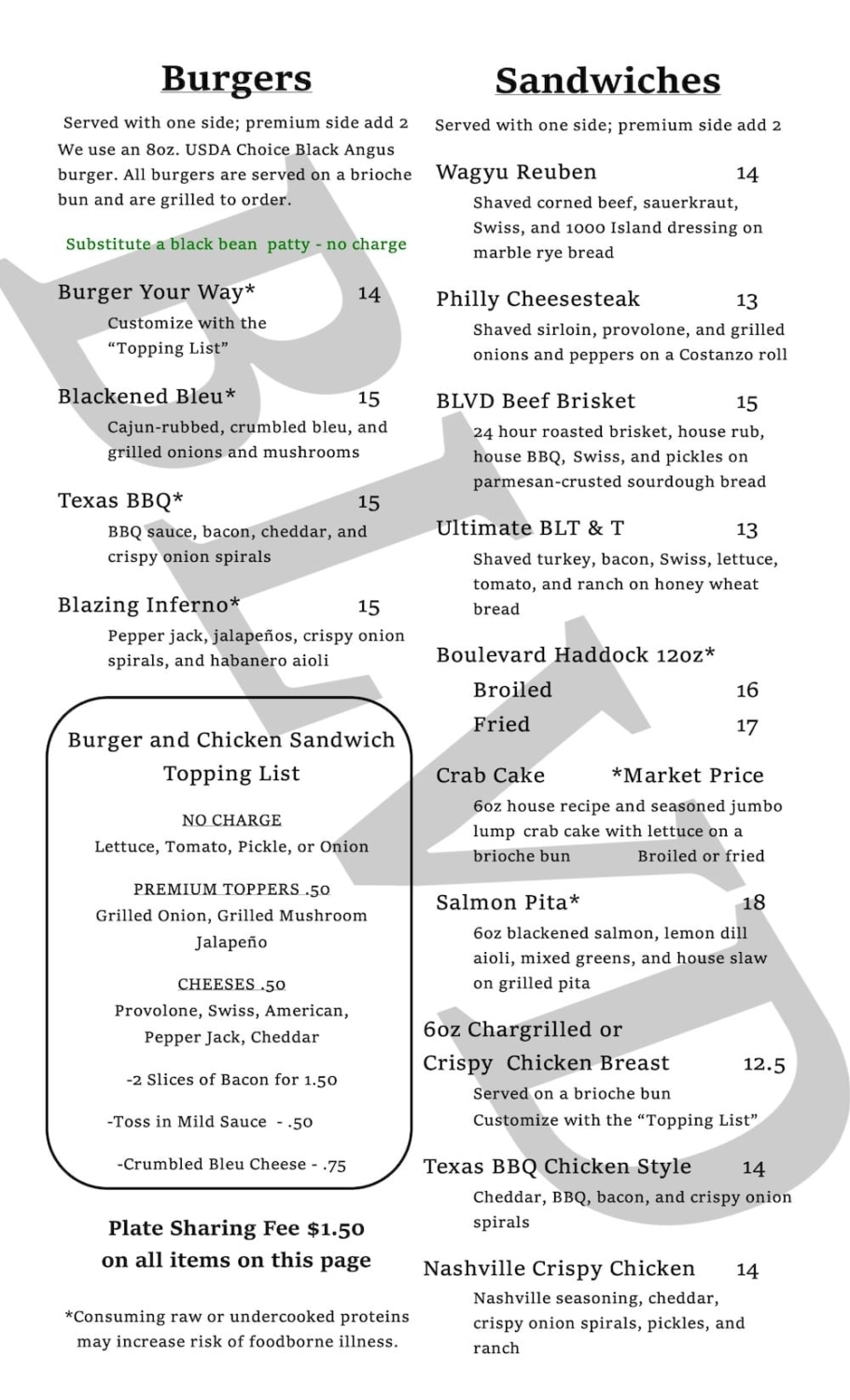 The Boulevard Grill Menus | Lunch Dinner Cocktails Beverages Banquet