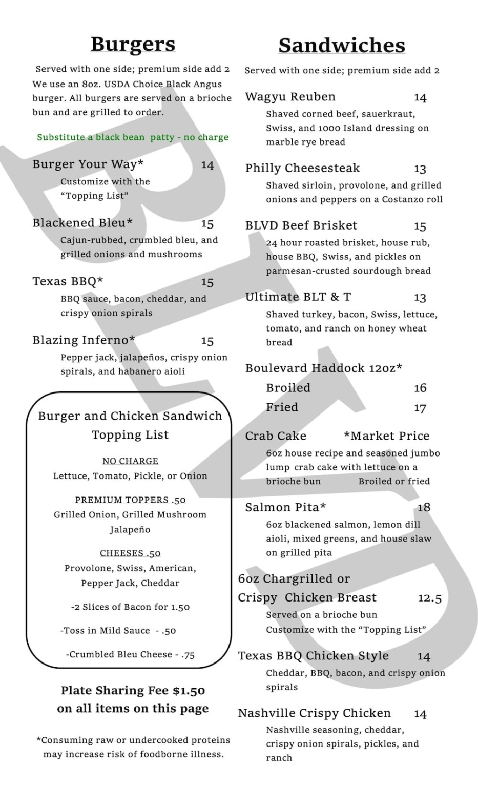 The Boulevard Grill Menus | Lunch Dinner Cocktails Beverages Banquet