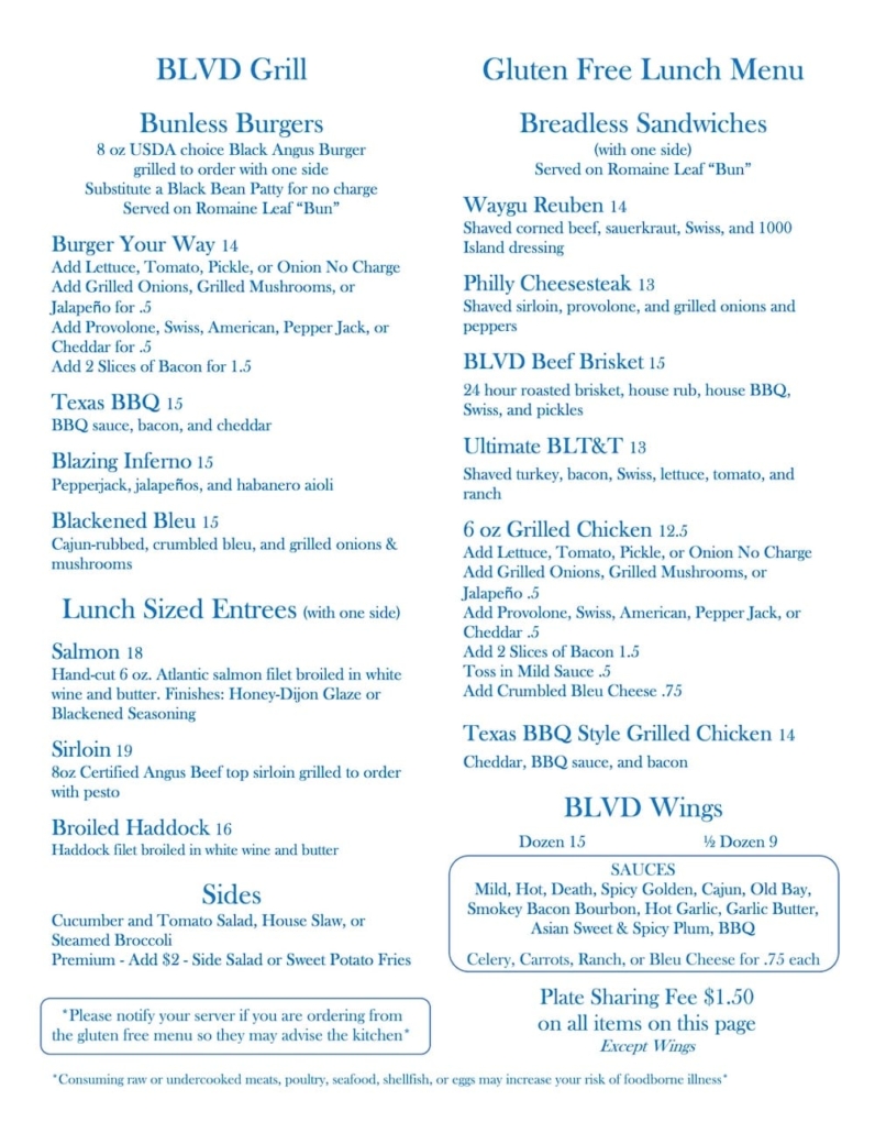 The Boulevard Grill Menus | Lunch Dinner Cocktails Beverages Banquet
