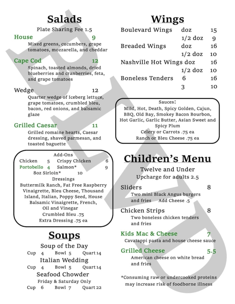 The Boulevard Grill Menus | Lunch Dinner Cocktails Beverages Banquet